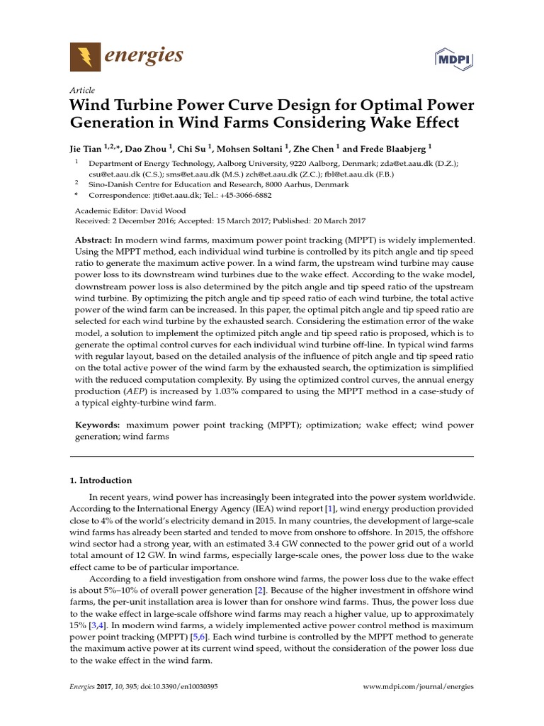Energies: Wind Turbine Power Curve Design For Optimal Power Generation ...