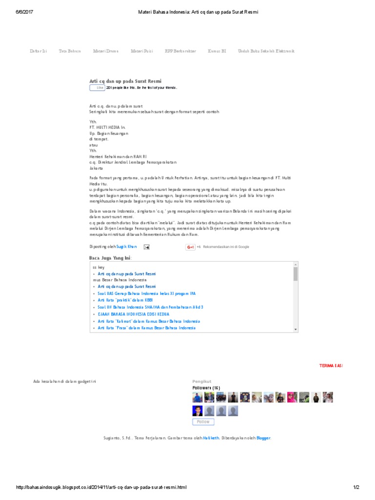 Materi Bahasa Indonesia - Arti CQ Dan Up Pada Surat Resmi | PDF