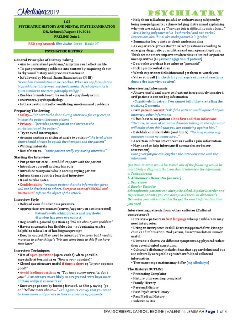 Psychiatric History and MSE Guide | PDF | Psychiatry | Mental And ...