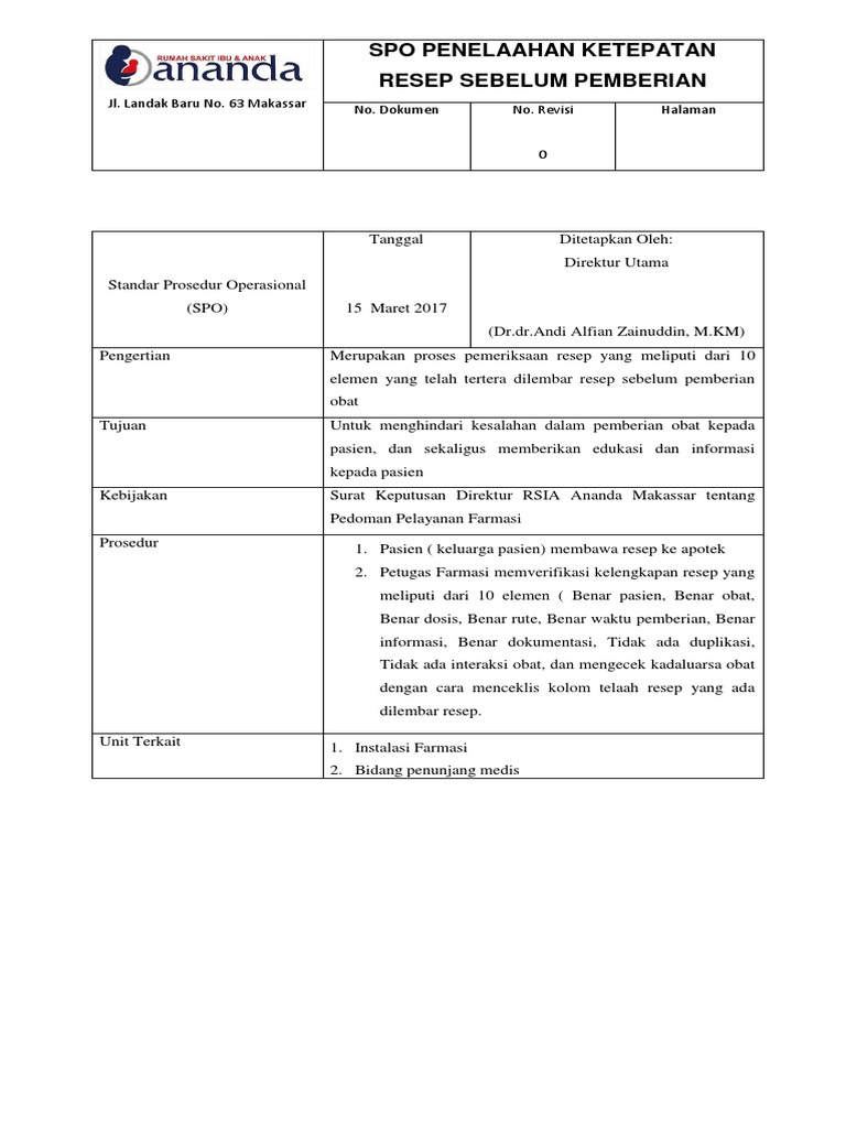 Spo Penelaahan Ketepatan Resep Sebelum Pemberian | PDF