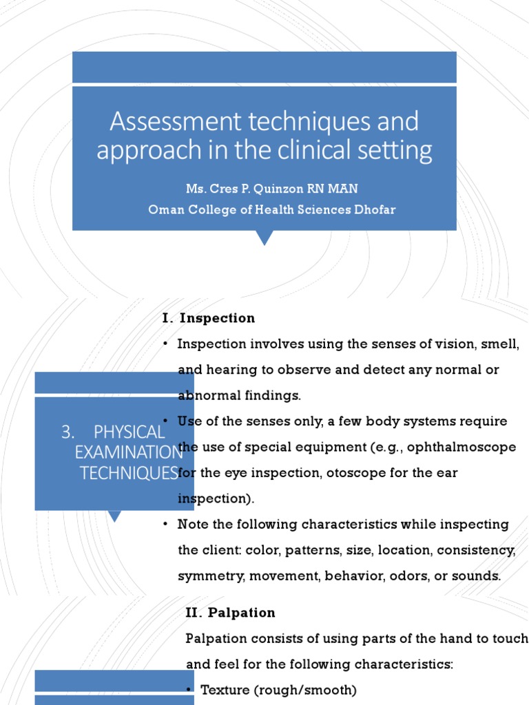 Session 5 - Assessment Techniques in Clinical Setting | PDF | Physical ...