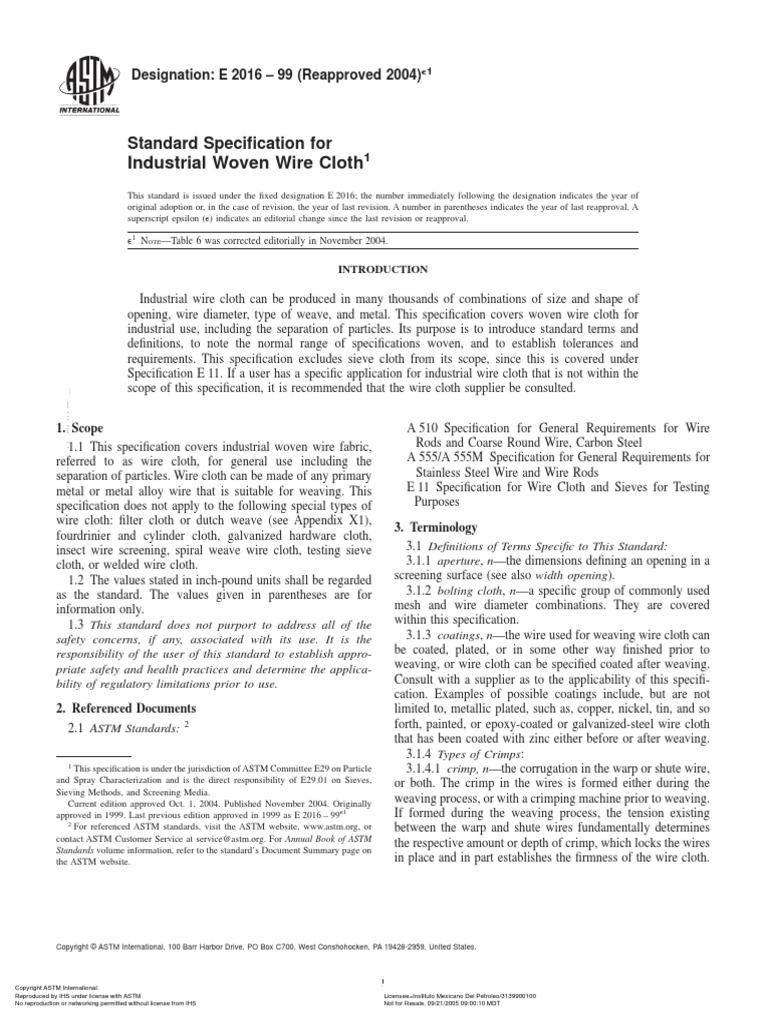 Industrial Woven Wire Cloth: Standard Specification For | PDF ...