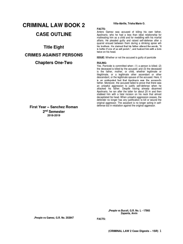Criminal Law Book 2: Case Outline | PDF | Murder | Marriage