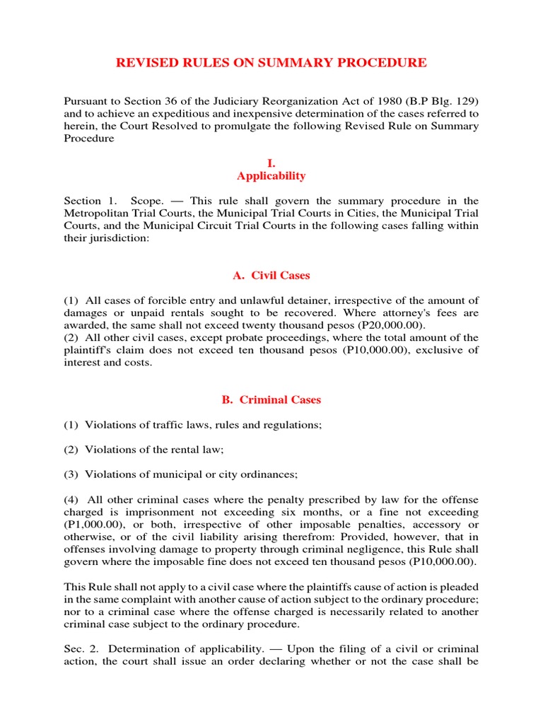 Revised Summary Procedure Rules | PDF | Complaint | Pleading