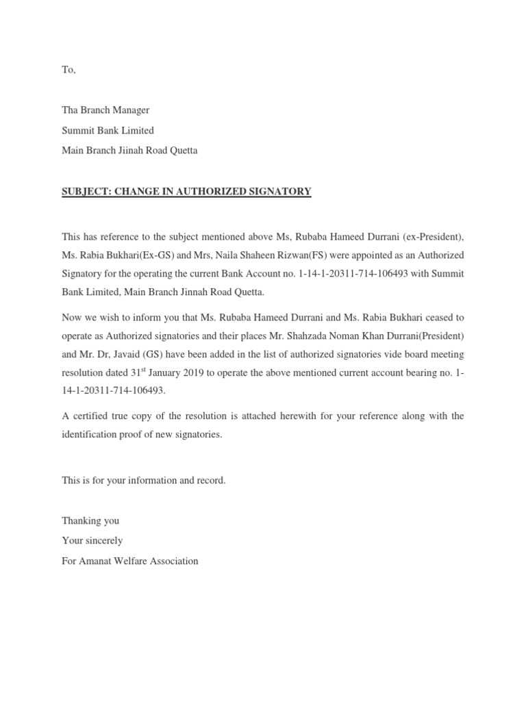 Bank Letter For Change of Signatories | PDF