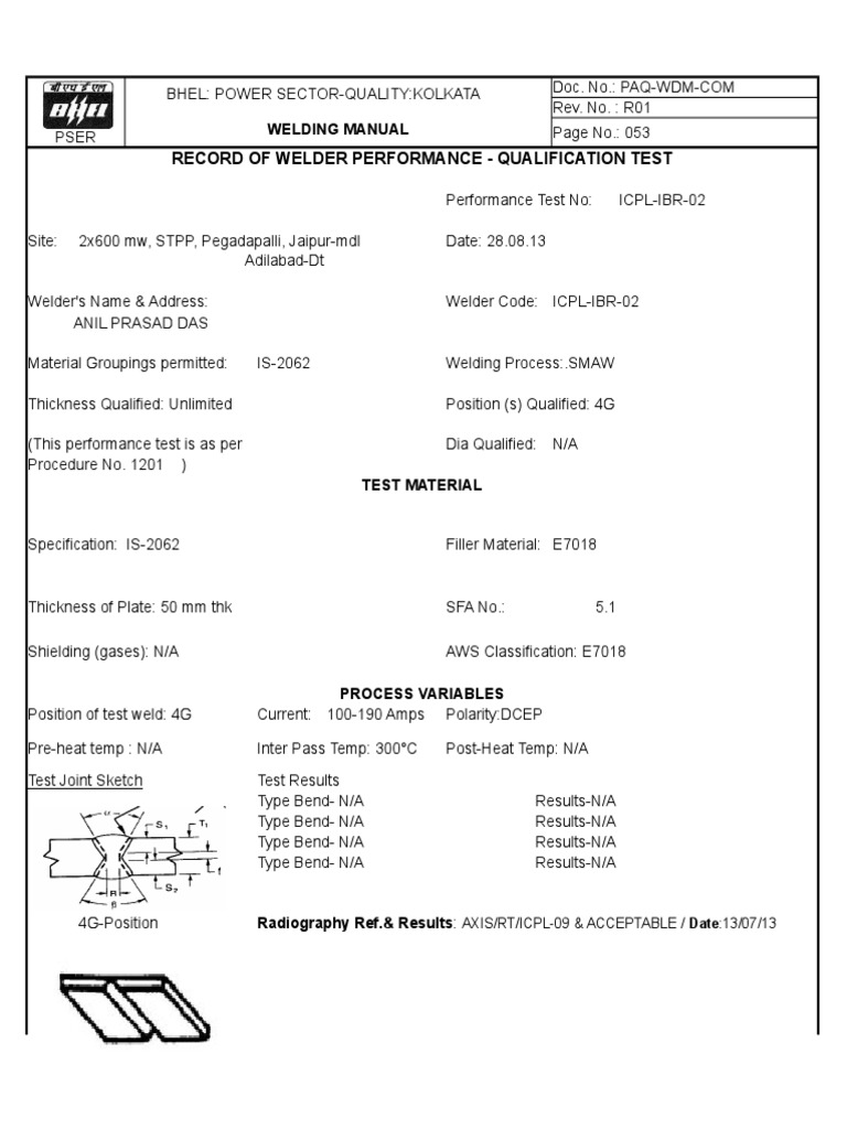Record of Welder Performance - Qualification Test: Welding Manual ...
