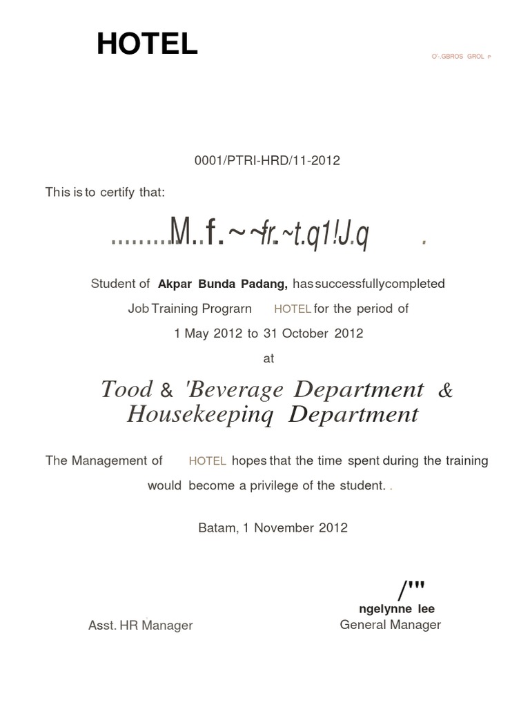 Hotel internship completion certificate template | PDF