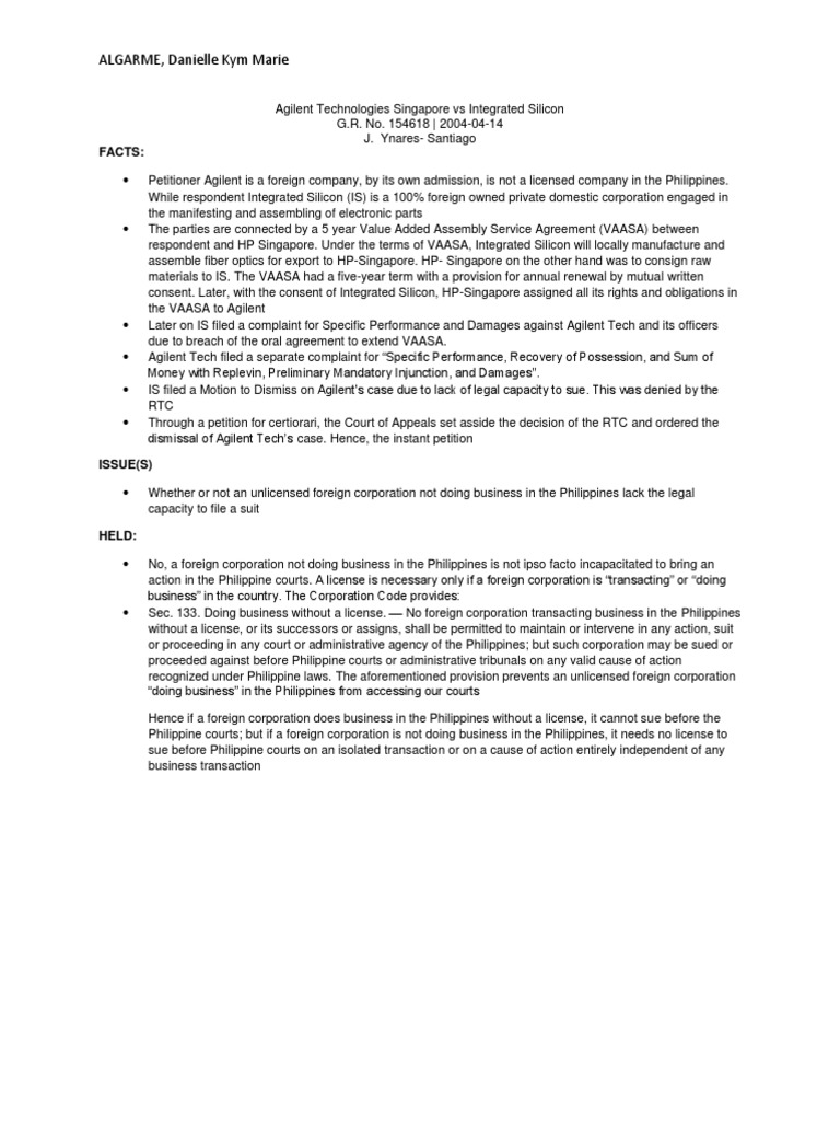 Agilent Technologies Singapore Vs Integrated Silicon | PDF | License ...