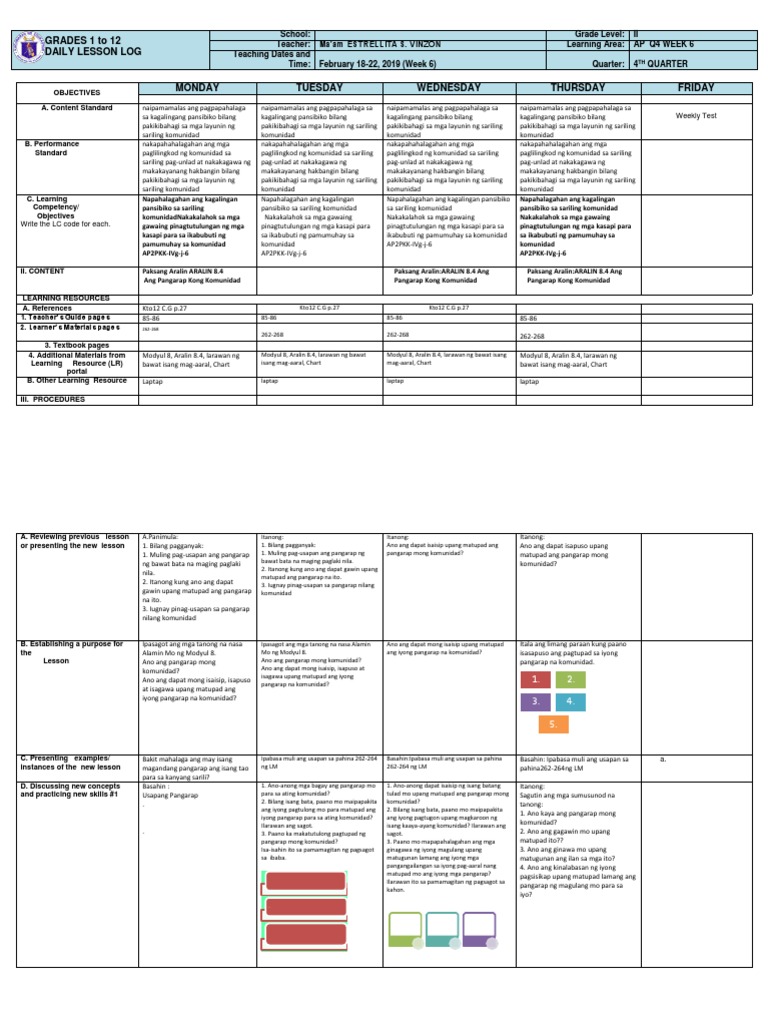 Ap 2 - Q4 W6 DLL Lesson Plan | PDF