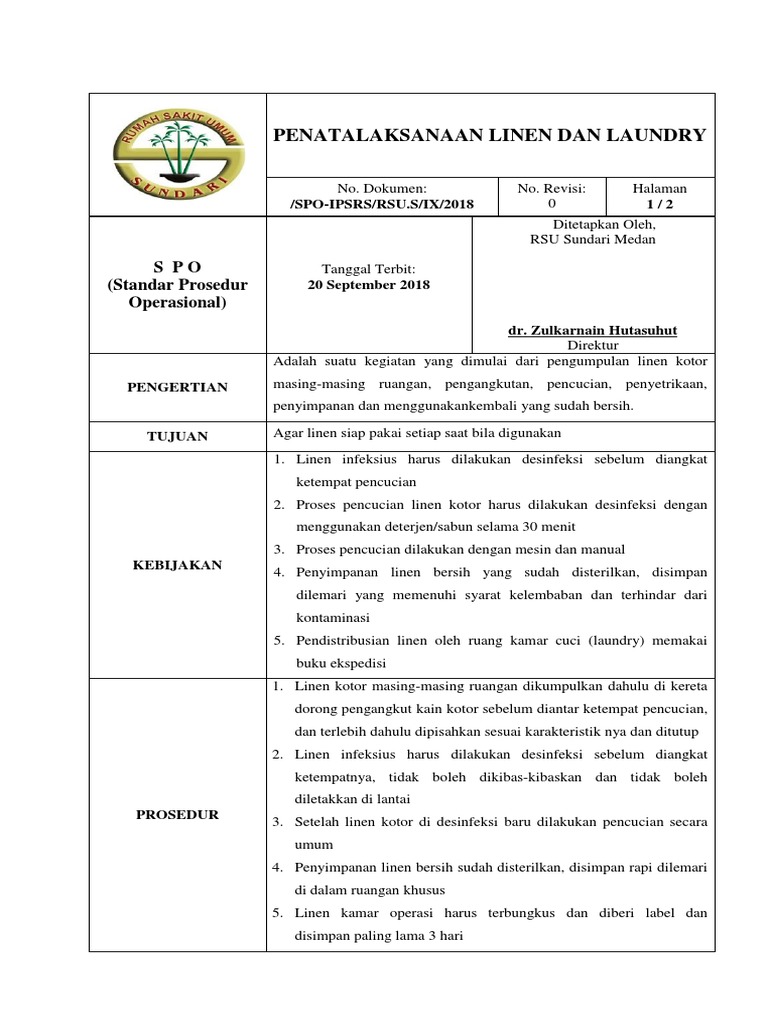 Spo Penatalaksanaan Linen Dan Laundry | PDF