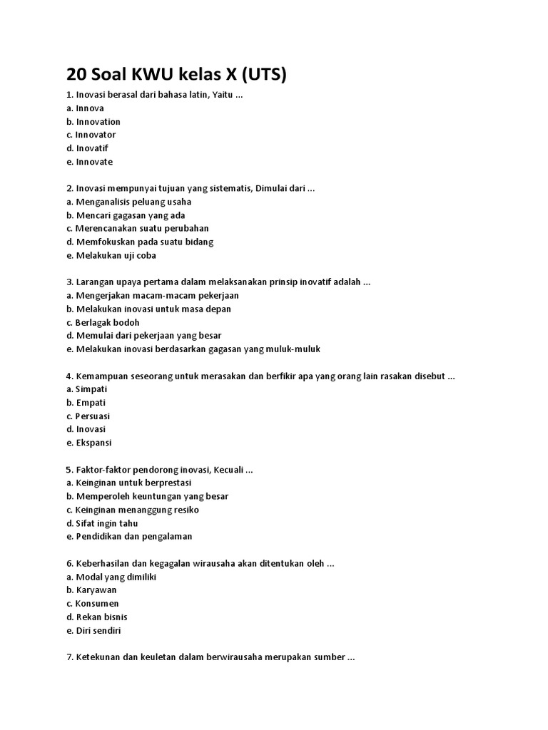 Soal Kwu Kelas X | PDF