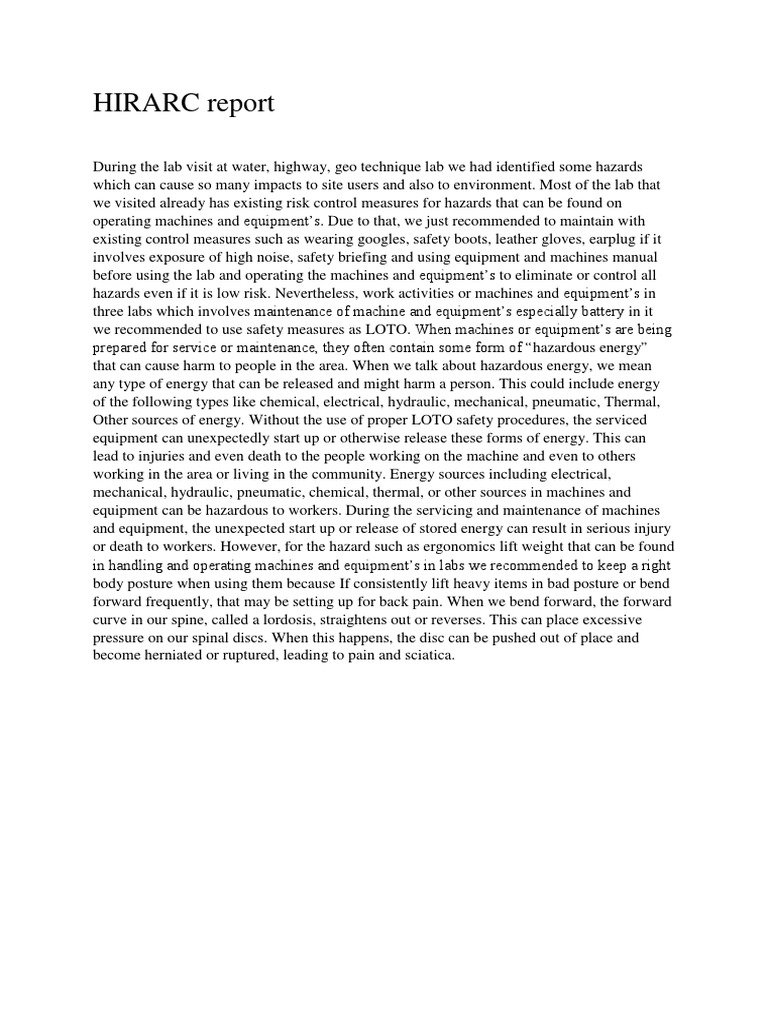 HIRARC Report | PDF | Hazards | Machines