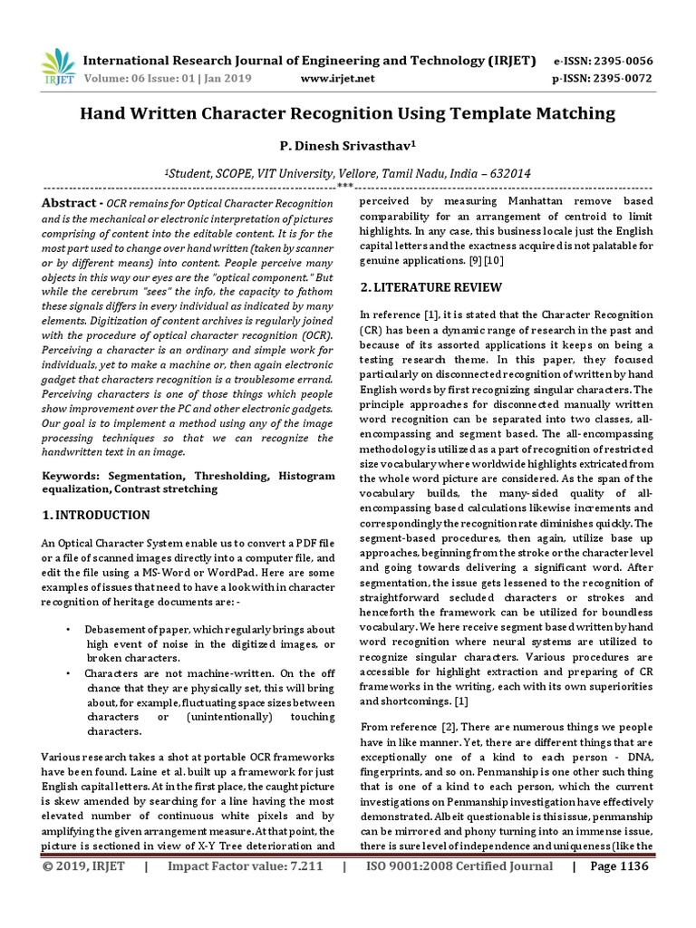 IRJET-Hand Written Character Recognition Using Template Matching | PDF ...