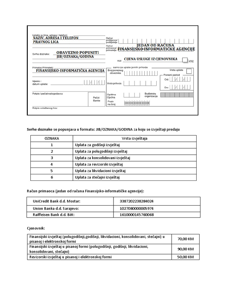FIA-Uputstvo Za Popunjavanje Uplatnice PDF | PDF