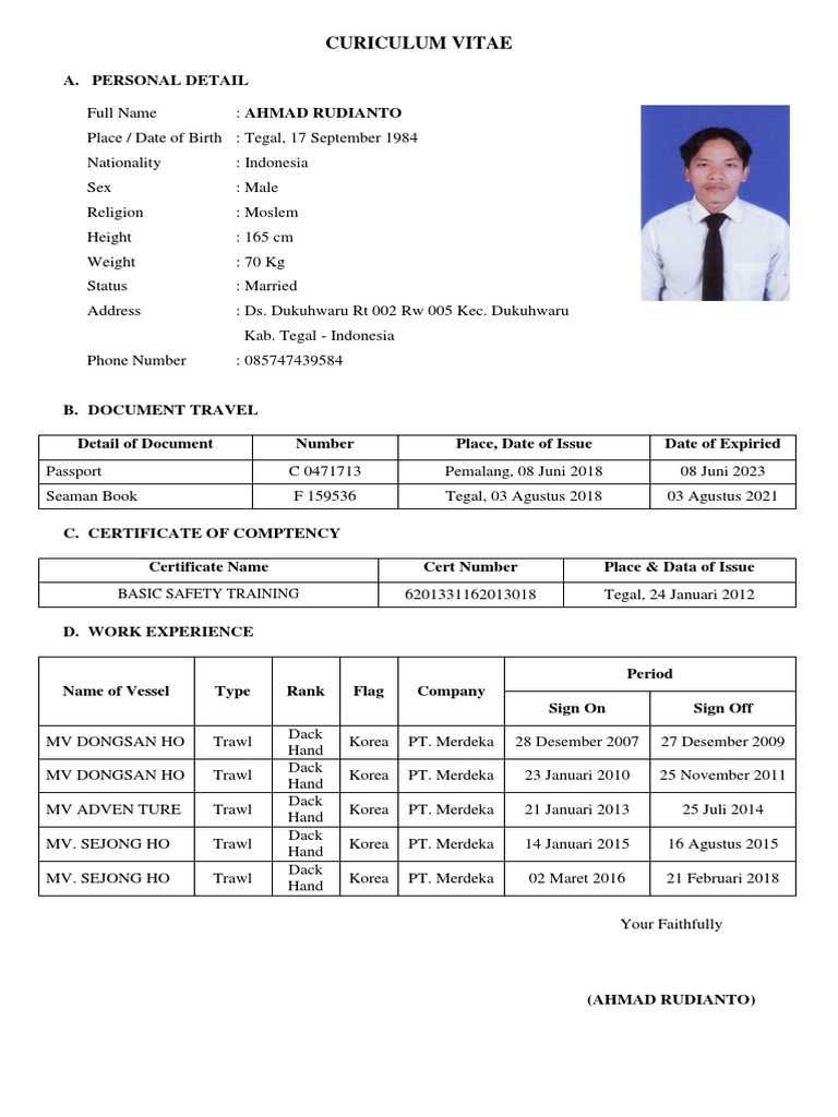 A Seafarer's Journey: The Curriculum Vitae of Ahmad Rudianto | PDF