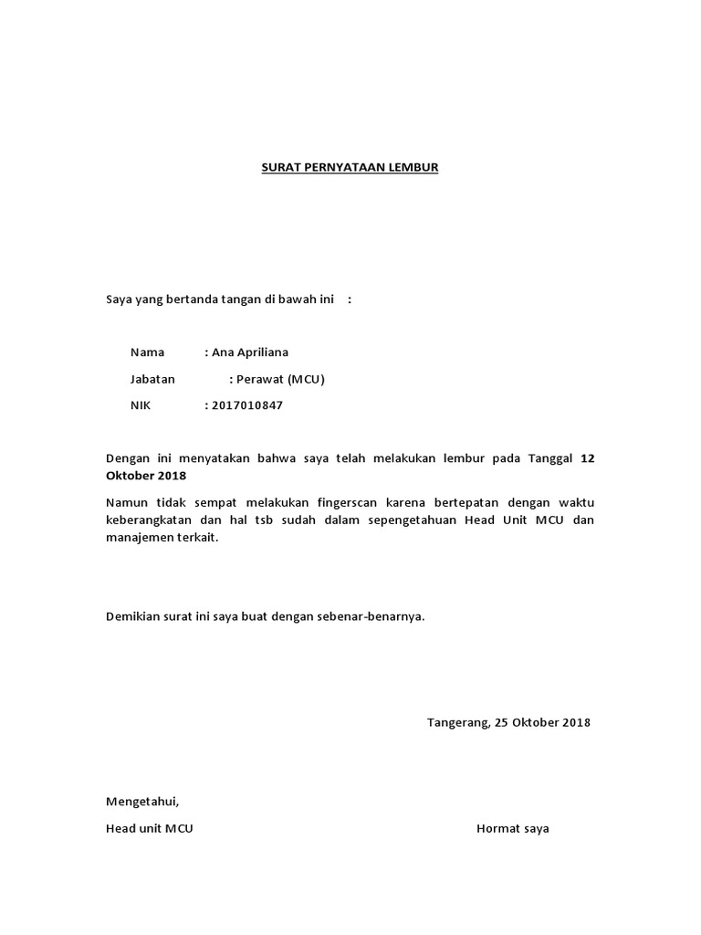Surat Pernyataan Lembur | PDF | Teknologi & Rekayasa