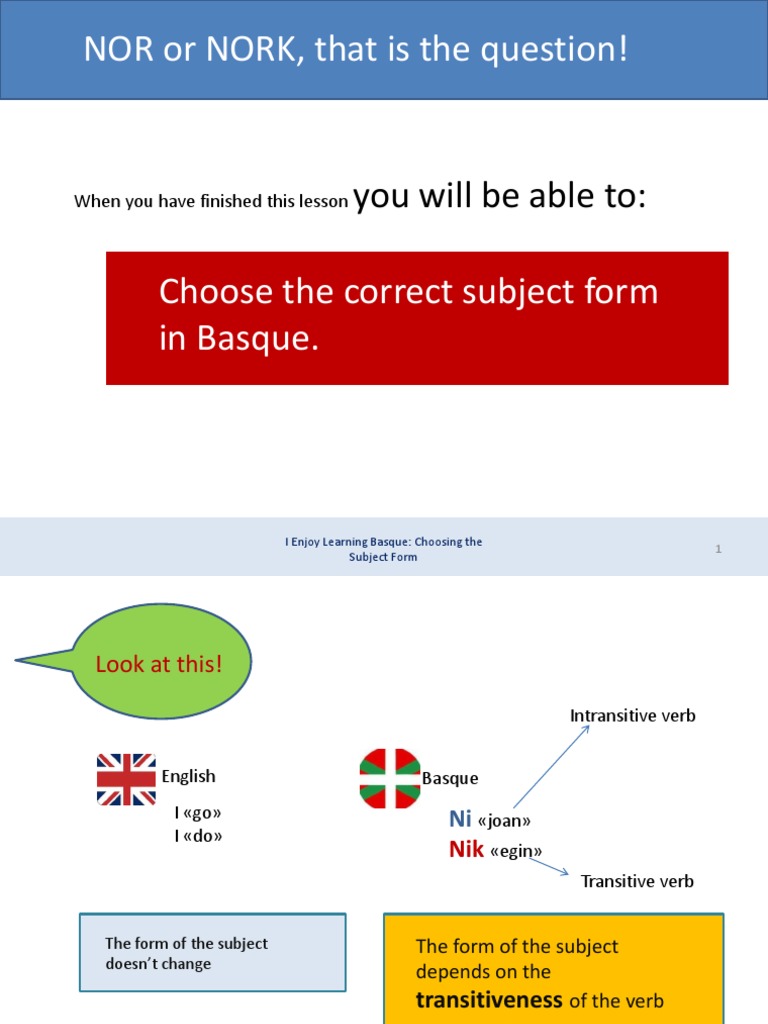 Nor Ala Nork - Choose The Right Subject Form in Basque | PDF | Semiotics | Grammar
