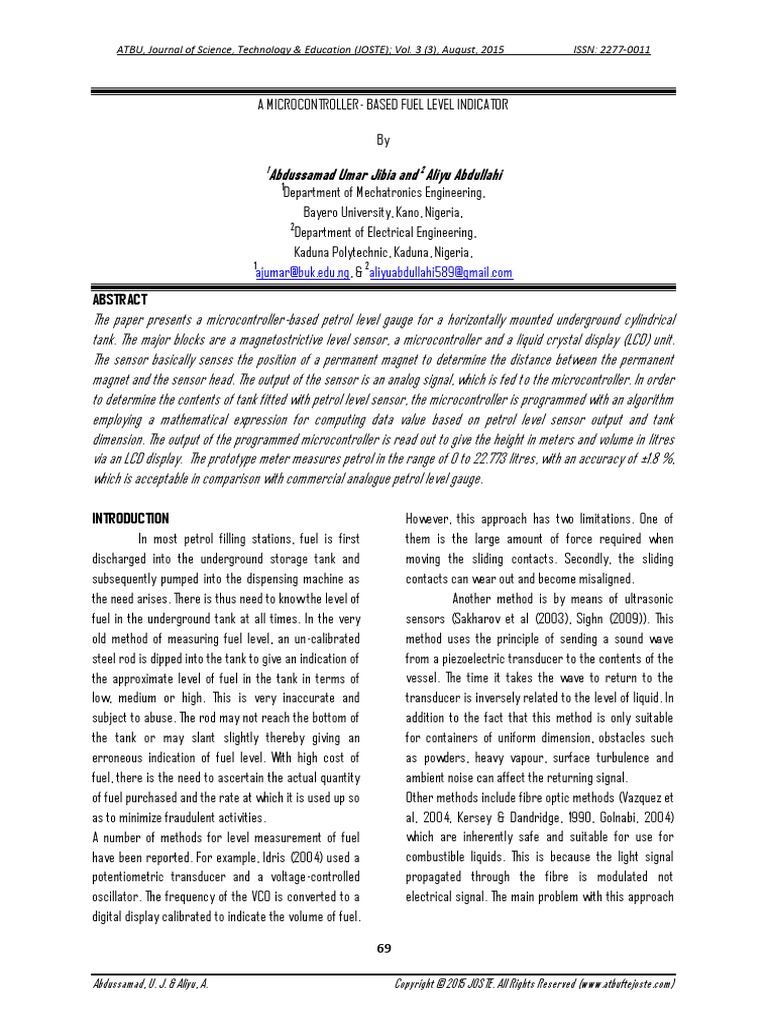 Abdussamad Umar Jibia and Aliyu Abdullahi: Ajumar@buk - Edu.ng | PDF | Sensor | Litre