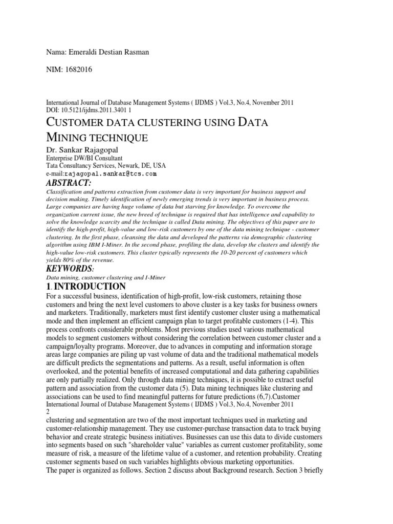 Ustomer Data Clustering Using ATA Ining Technique: Dr. Sankar Rajagopal | PDF | Data Mining ...