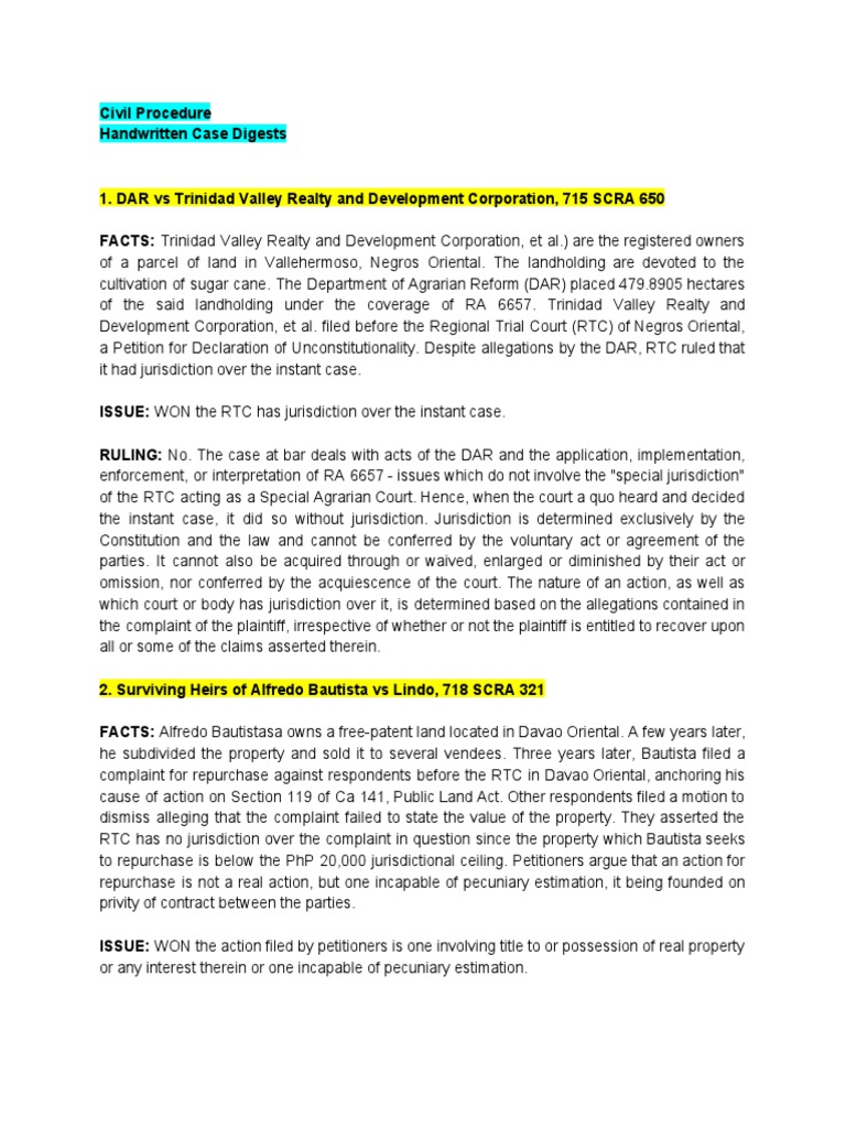 Civ Pro Handwritten Case Digests | Download Free PDF | Complaint | Lawsuit