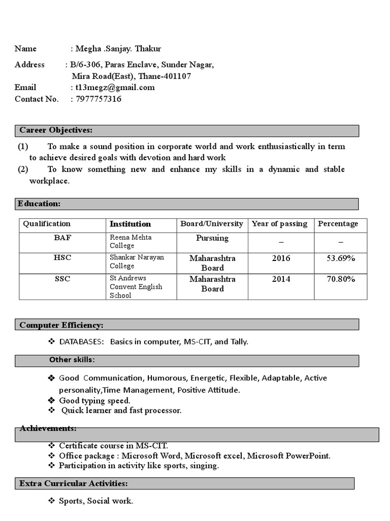 Standard Resume Format. Megha | PDF