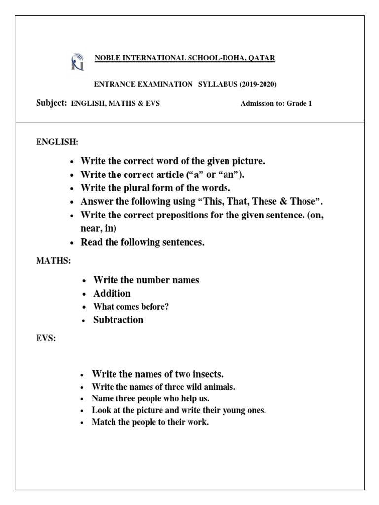 Grade 1 Entrance Exam Syllabus 2020 | PDF