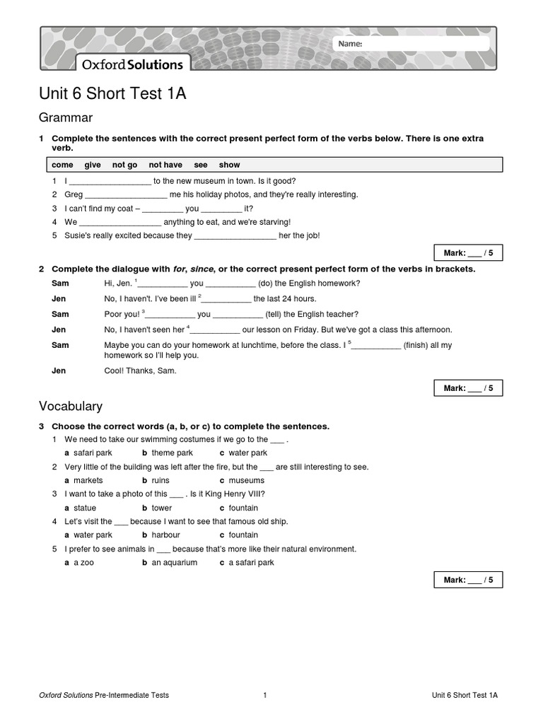 Oxford Solutions Pre-Int Short Test Unit 6 1A | PDF | Grammar | Linguistics
