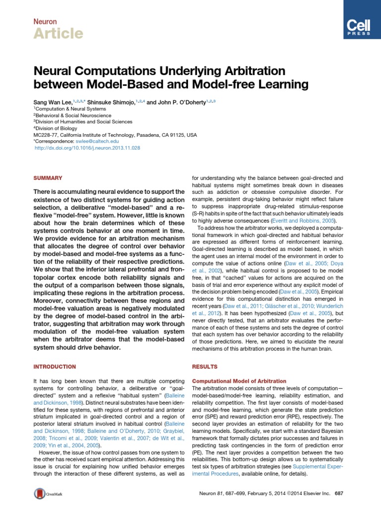 Neural Computations Underlying Arbitration Between Model-Based and Model-Free Learning | PDF ...