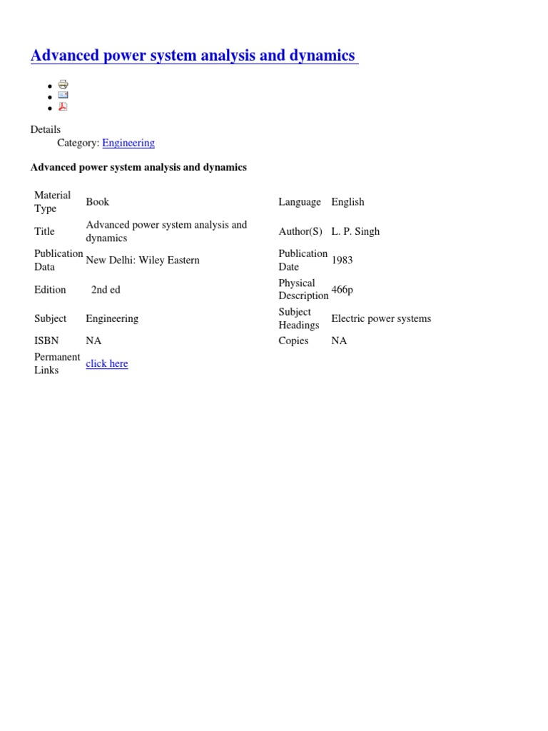 Advanced Power System Analysis and Dynamics: Engineering | PDF