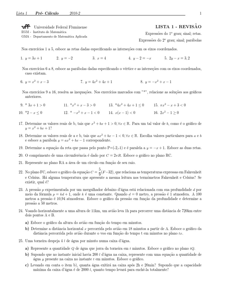 Exercícios de Pré-Cálculo UFRGS | PDF | Equações | Analise matemática