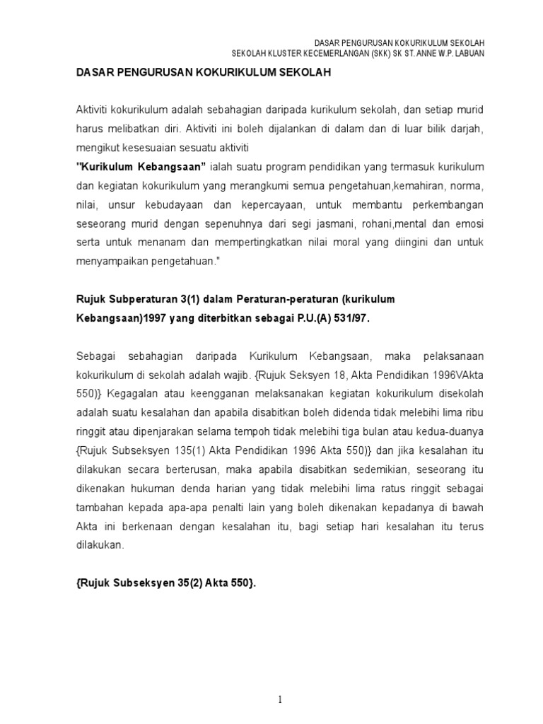 Dasar Pengurusan Kokurikulum Sekolah 2013 | PDF