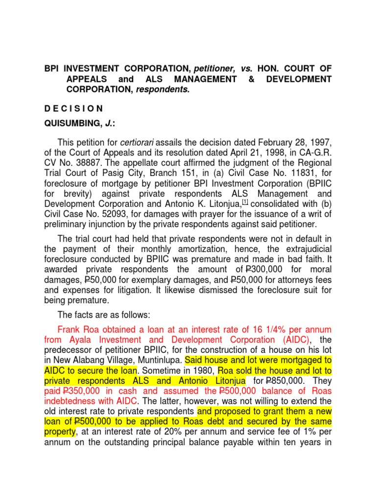 Bpi Investment Corporation, Petitioner, vs. Hon. Court of Appeals and ALS Management ...