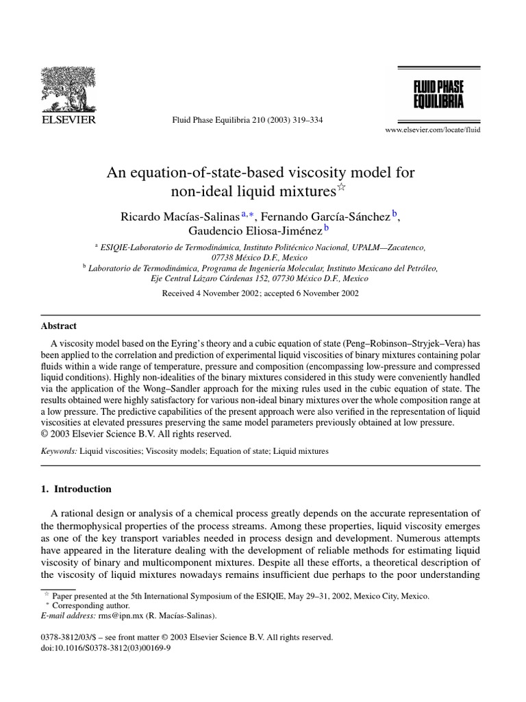 An Equation-Of-State-Based Viscosity Model For Non-Ideal Liquid ...
