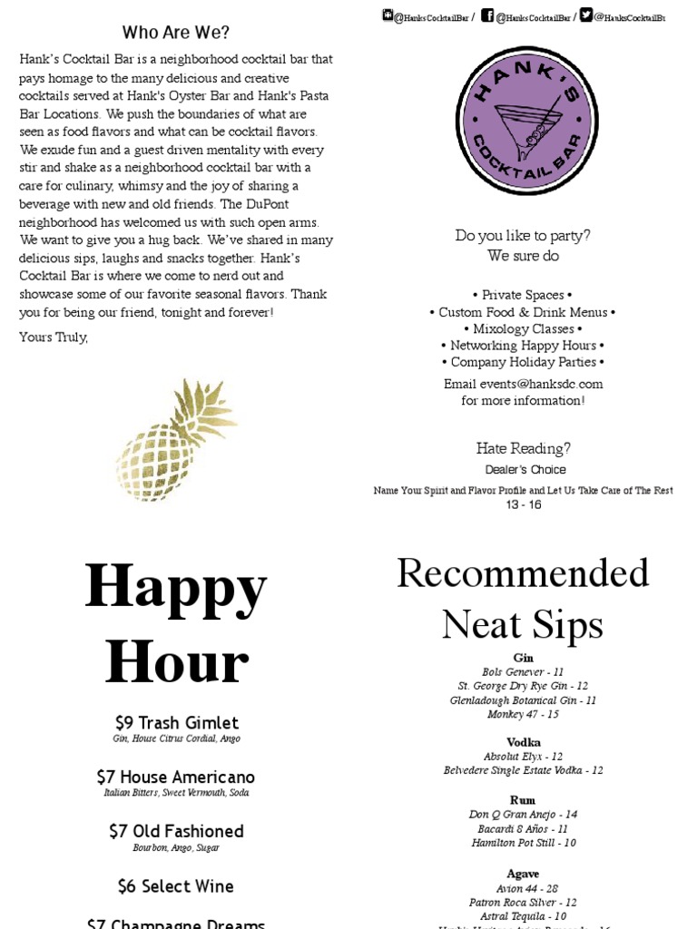 Hank's Cocktail Bar Menu & Happy Hour | PDF | Cocktails | Gin