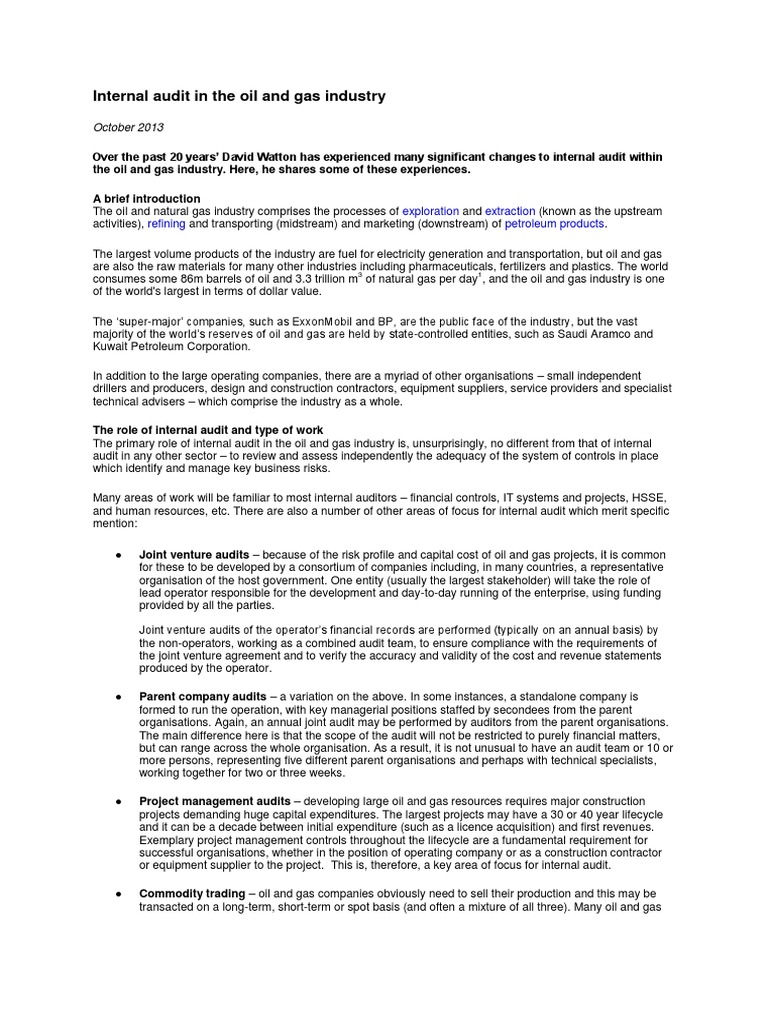 Internal Audit in The Oil and Gas Industry: October 2013 | PDF ...