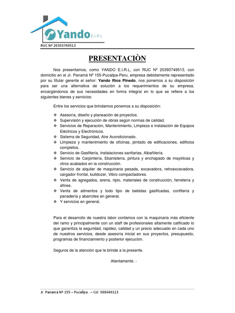 Carta de Presentacion Yando Eirl PDF | PDF