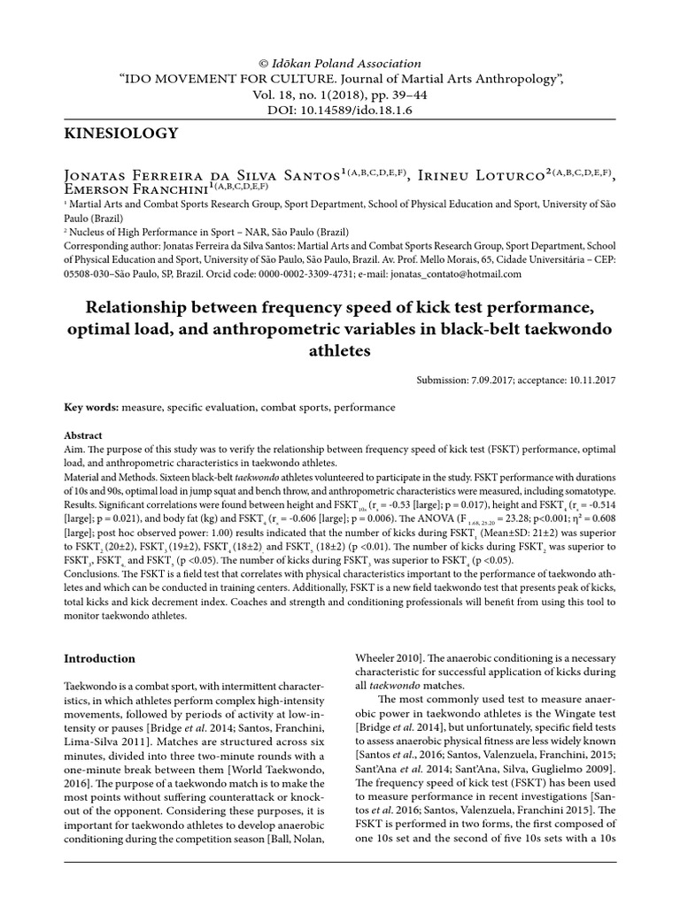 Relationship Between Frequency Speed of Kick Test Performance Optimal ...
