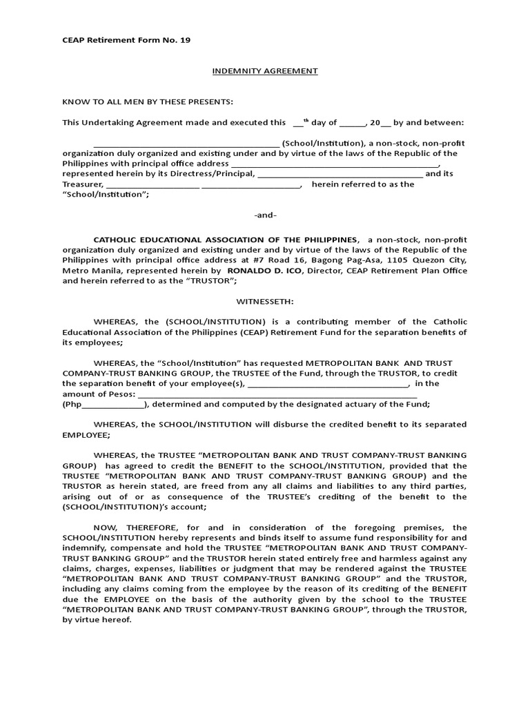 Form 19 Indemnity Agreement Ver 2015.0 | PDF | Civil Law (Legal System ...