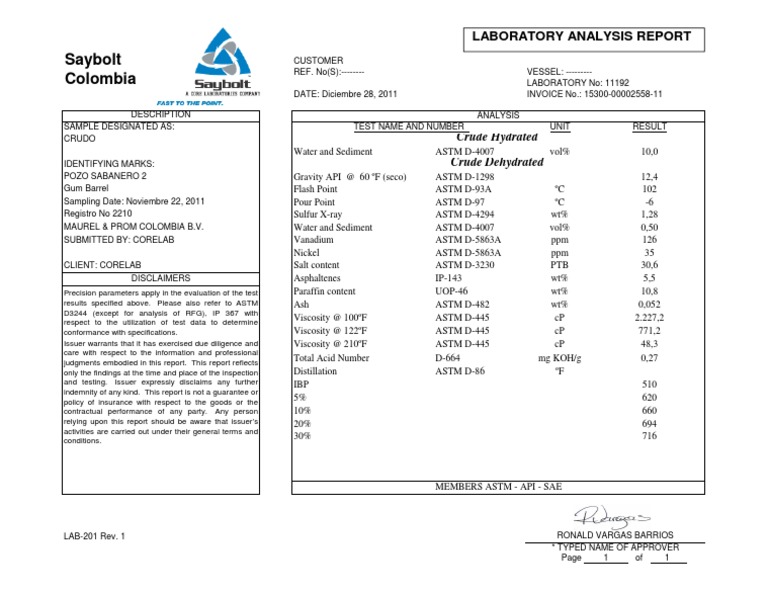 Saybolt Colombia: Laboratory Analysis Report | Download Free PDF ...