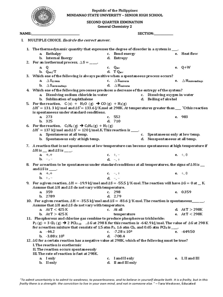Gen Chem 2 Exam | PDF | Carbon Monoxide | Chemical Reactions