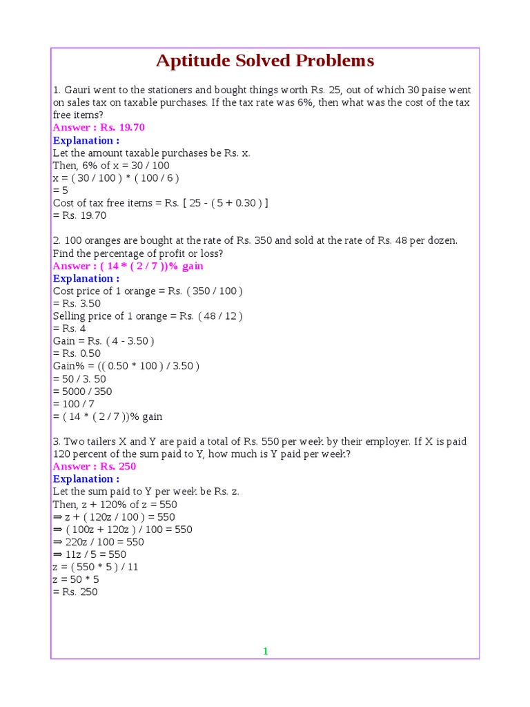 Aptitude Solved Problems: Answer: Rs. 19.70 | PDF | Speed | Percentage