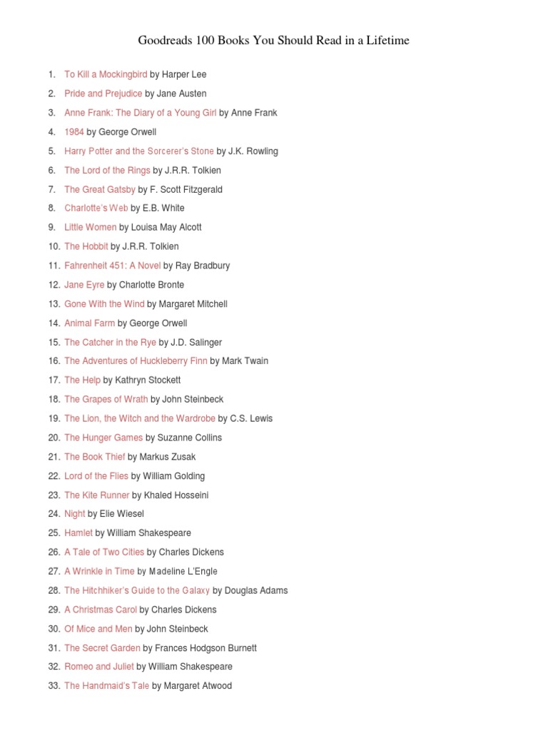 Goodreads 100 Essential Books List | PDF | English Language Literature ...