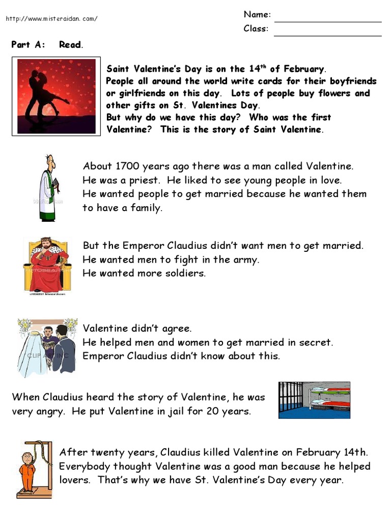 The History of Valentines Day Reading Comprehension Exercises - 24431 ...