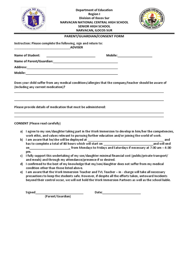 Work Immersion Consent Form | PDF