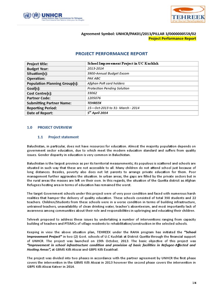 Project Performance Report: School Improvement Project in UC Kuchlak ...