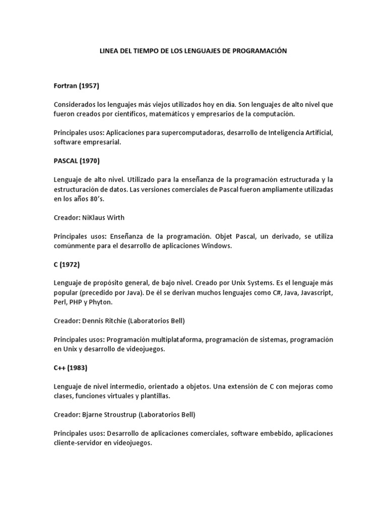Linea Del Tiempo de Los Lenguajes de Programación | PDF | Lenguaje de ...