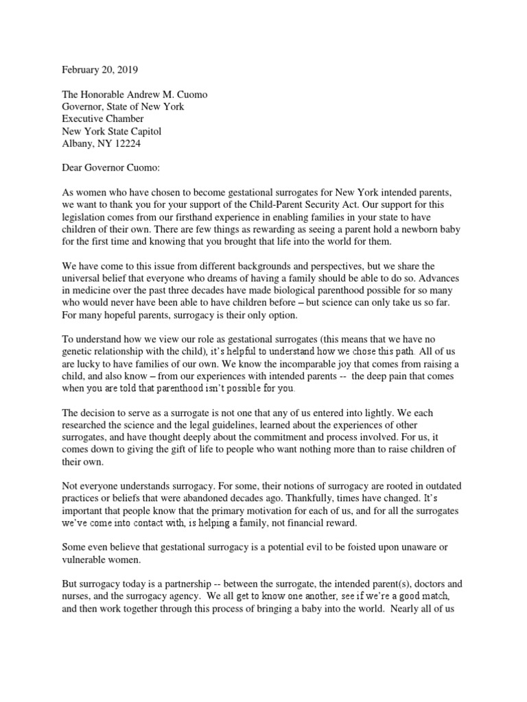 20190220 Surrogates Letter to Governor Cuomo (1) | Surrogacy | Childhood