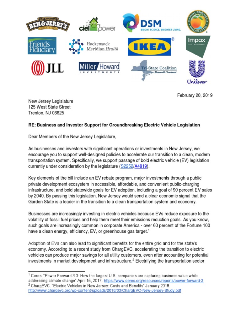 Letter To New Jersey Lawmakers | PDF | Electric Vehicle | New Jersey