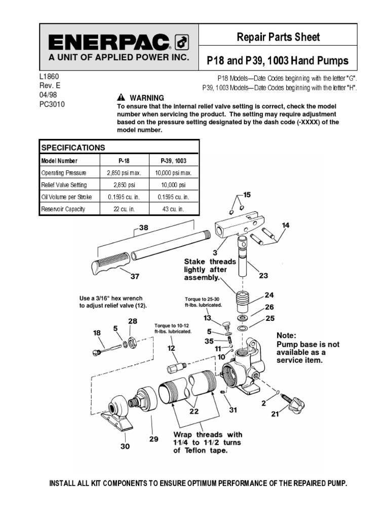 Repair Parts Sheet P18 and P39, 1003 Hand Pumps: A Unit of Applied ...