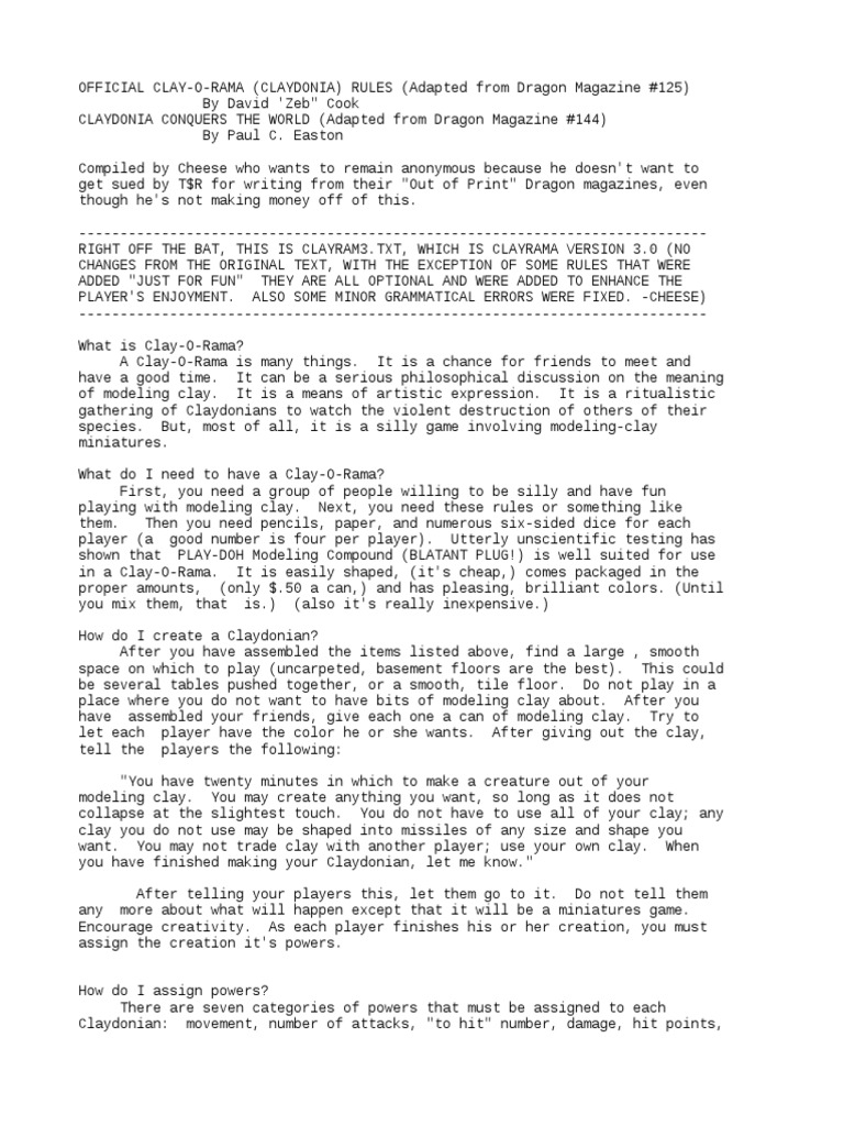 Official Clay-O-Rama (Claydonia) Rules | PDF | Dice | Leisure